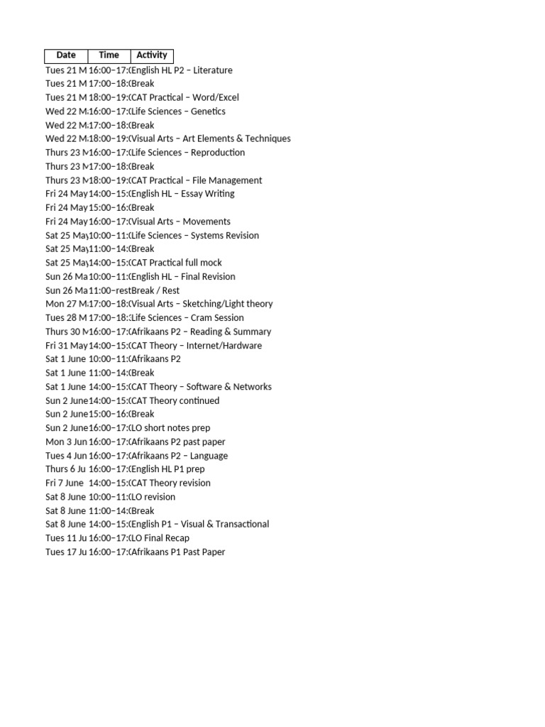 Grade 12 Study Timetable | PDF