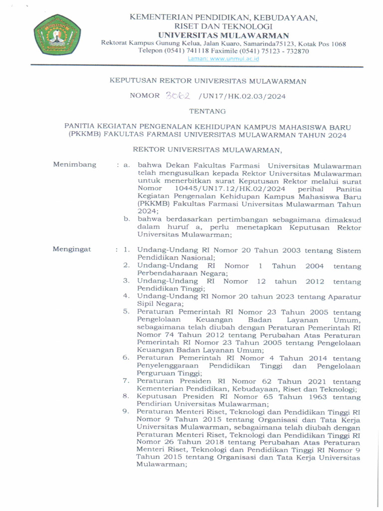 SK. 3062. Panitia Kegiatan Pengenalan Kehidupan Kampus Mahasiswa Baru ...