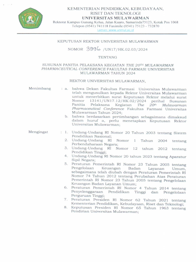 SK. 3996. Susunan Panitia Pelaksana Kegiatan The 20th Mulawarman Pharmaceutical Conference ...
