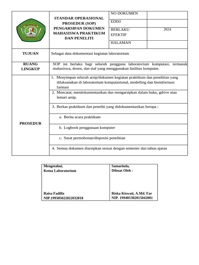 Sop Pengarsipan Dokumen Administrasi Laboratorium | PDF