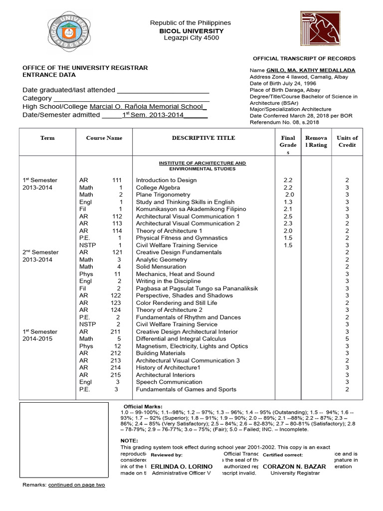 268702569 Transcript of Records Kathy | PDF | Mathematics