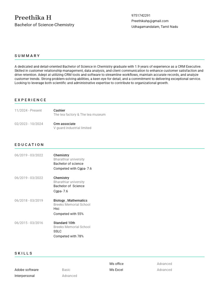 Preethika H: Bachelor of Science-Chemistry | PDF