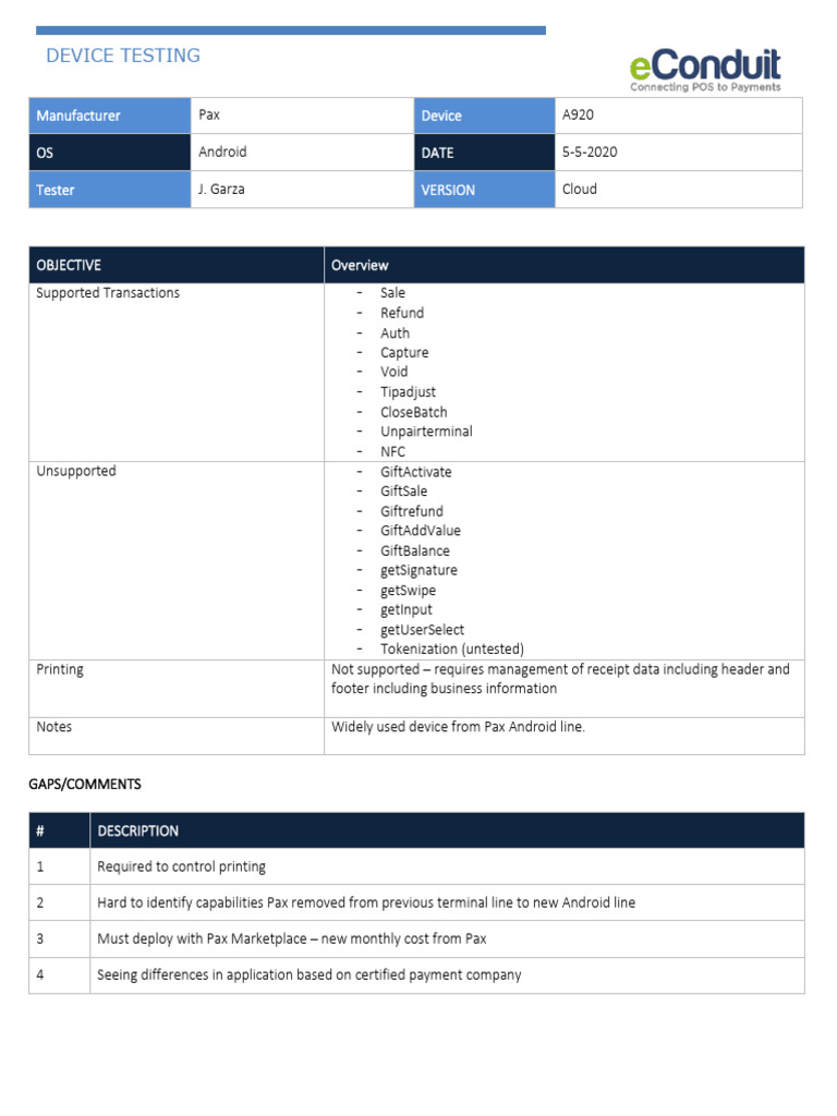 A920 Device Testing Overview | PDF
