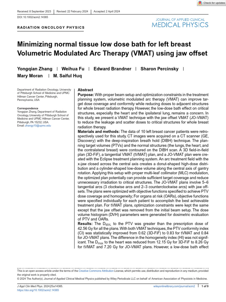 J Applied Clin Med Phys - 2024 - Zhang - Minimizing Normal Tissue Low Dose Bath For Left Breast ...