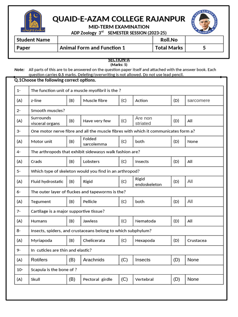 Animal Form & Function 1 Mid Paper | PDF | Integumentary System | Muscle