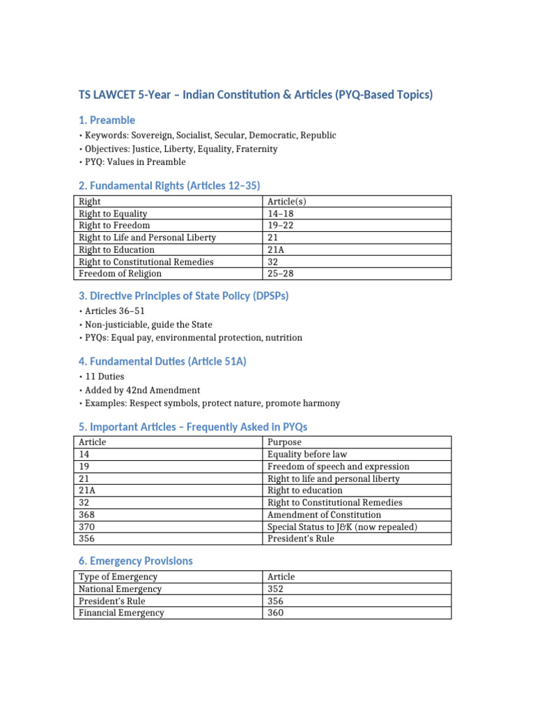 TS LAWCET 5-Year Indian Constitution Guide | PDF | Justice | Crime ...