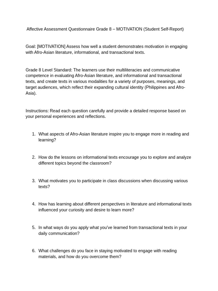 Student Self-Report (Questionnaire) - Motivation | PDF