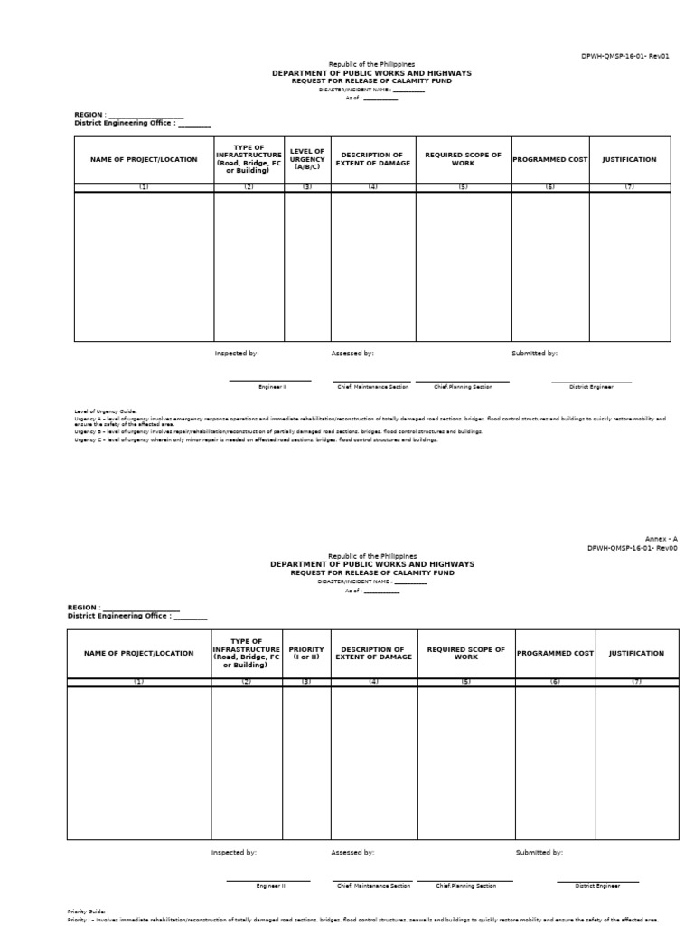 1 DPWH-QMSP-16-01 Request For Release of Calamity Fund | PDF | Road | Emergency