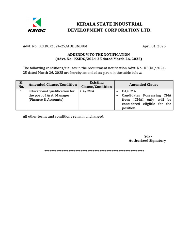 KSIDC Addendum To Recruitment Notification | PDF