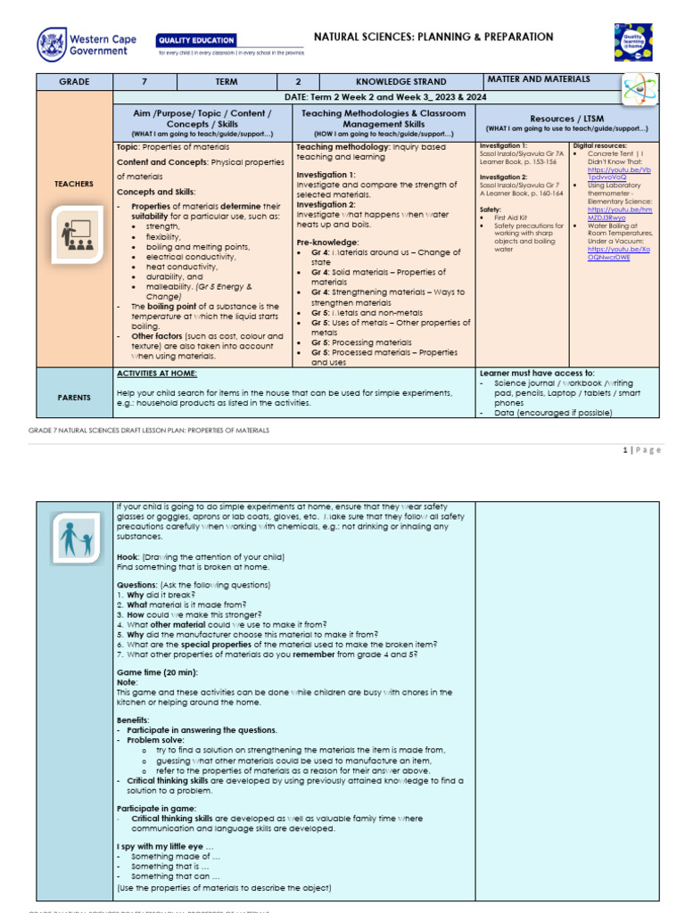 Lesson Plan Gr. 7 Natural Sciences T2 W2 & W3 | PDF | Boiling | Magma