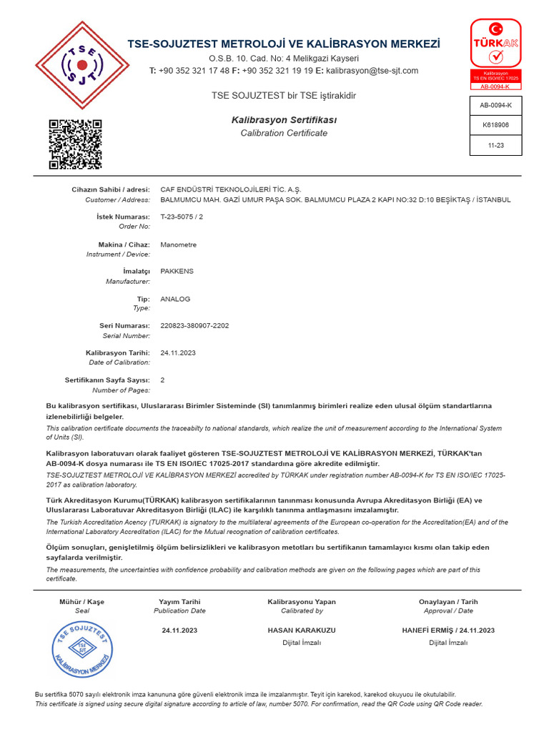 Calibration Certificate of Manometer | PDF
