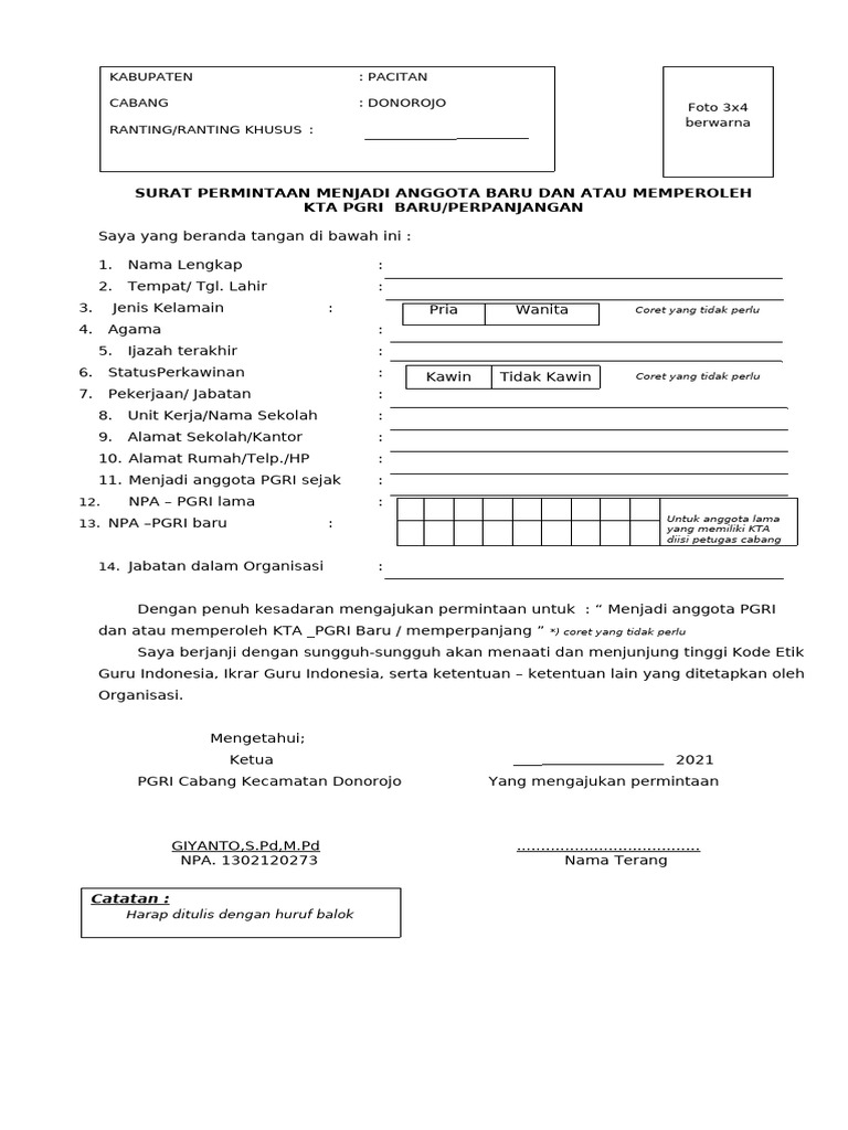 Formulir Pgri | PDF