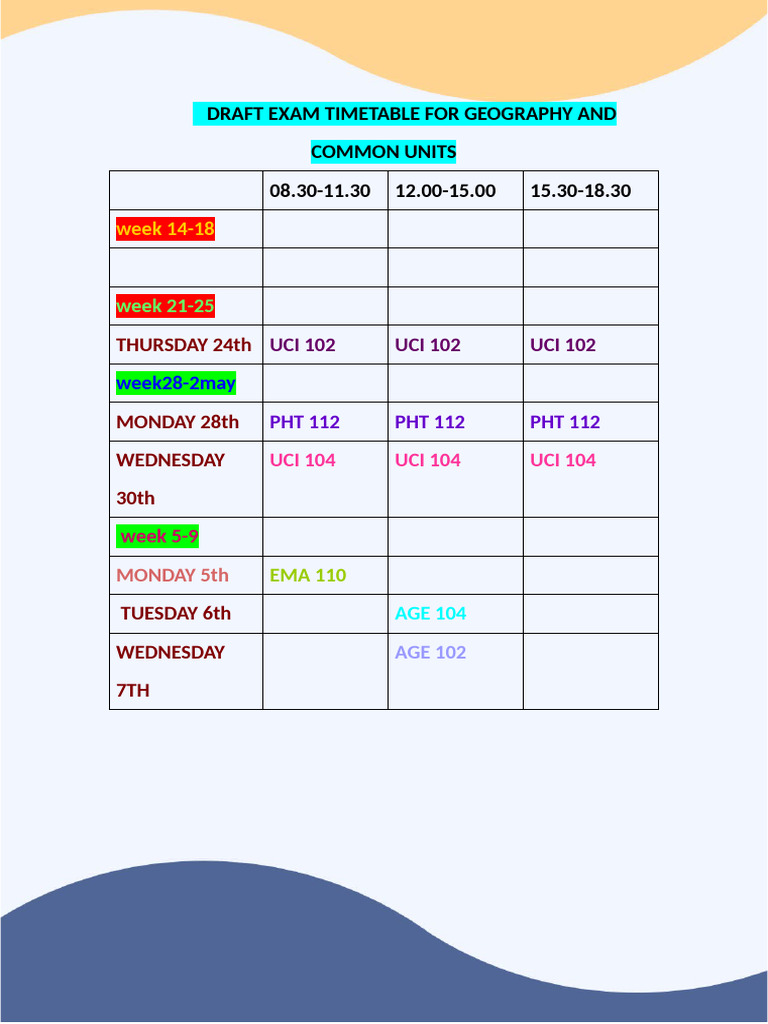 Geography and Common Units Exam Timetable | PDF