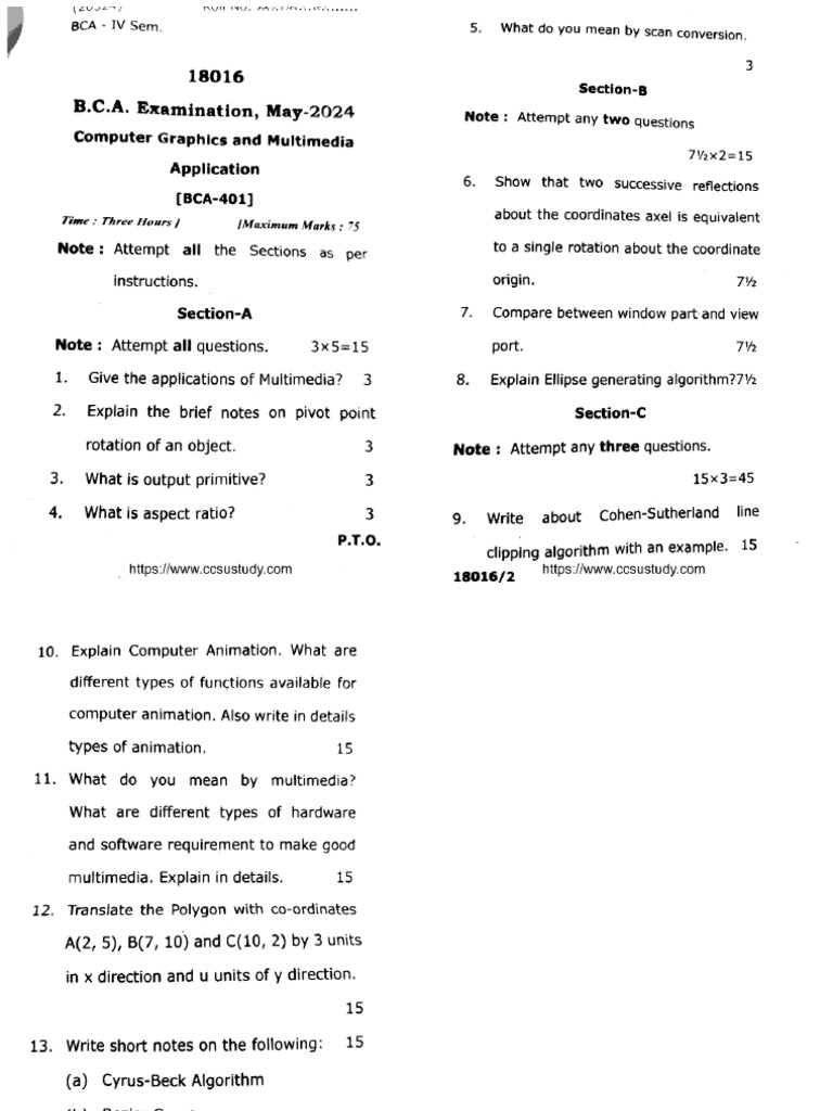 Bca 4 Sem Computer Graphics and Multimedia Application 18016 May 2024 | PDF