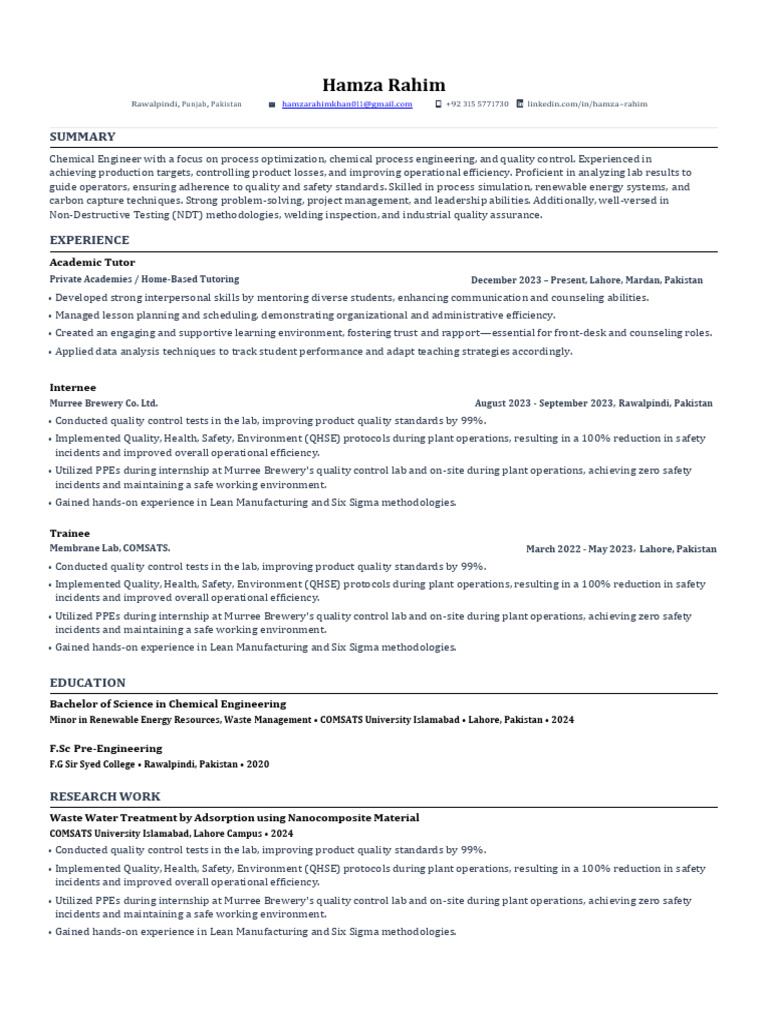 Hamza Rahim Resume+Cover Letter KIA Pakistan | PDF | Mentorship ...
