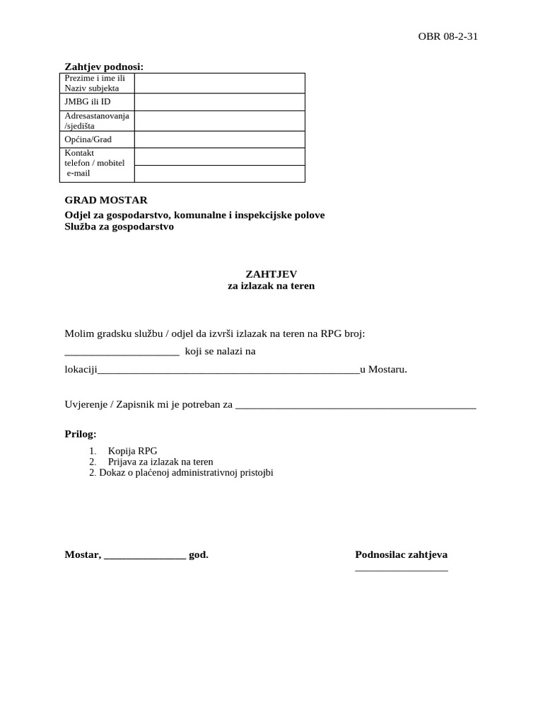 Zahtjev Za Izlazak Na Teren 1 | PDF