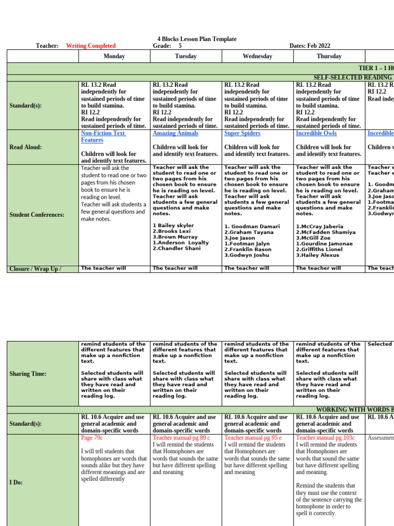4 Blocks Lesson Plan Feb. 7 - 11 5th Grade ELA (Book) | PDF | Reading ...
