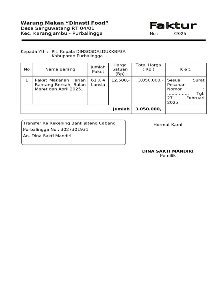 Contoh Faktur Warung Makan Dinasti Food | PDF