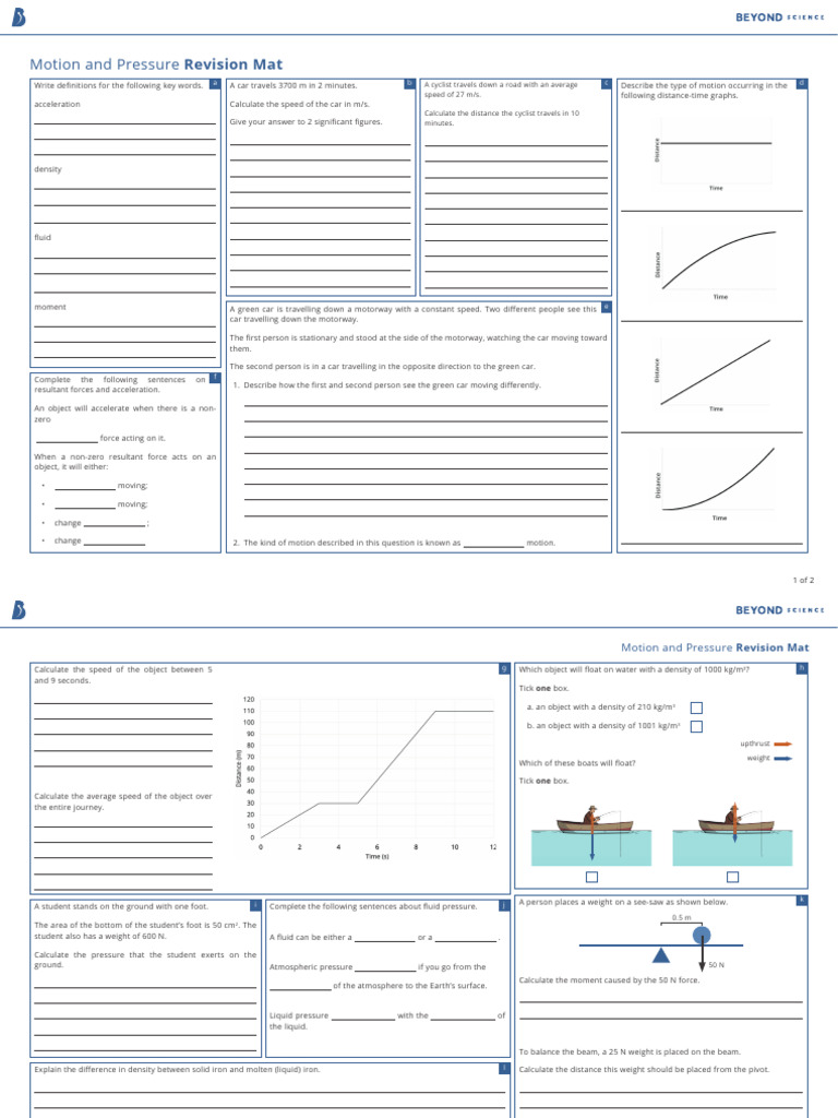 KS3 Motion and Pressure Revision Guide | PDF | Buoyancy | Pressure