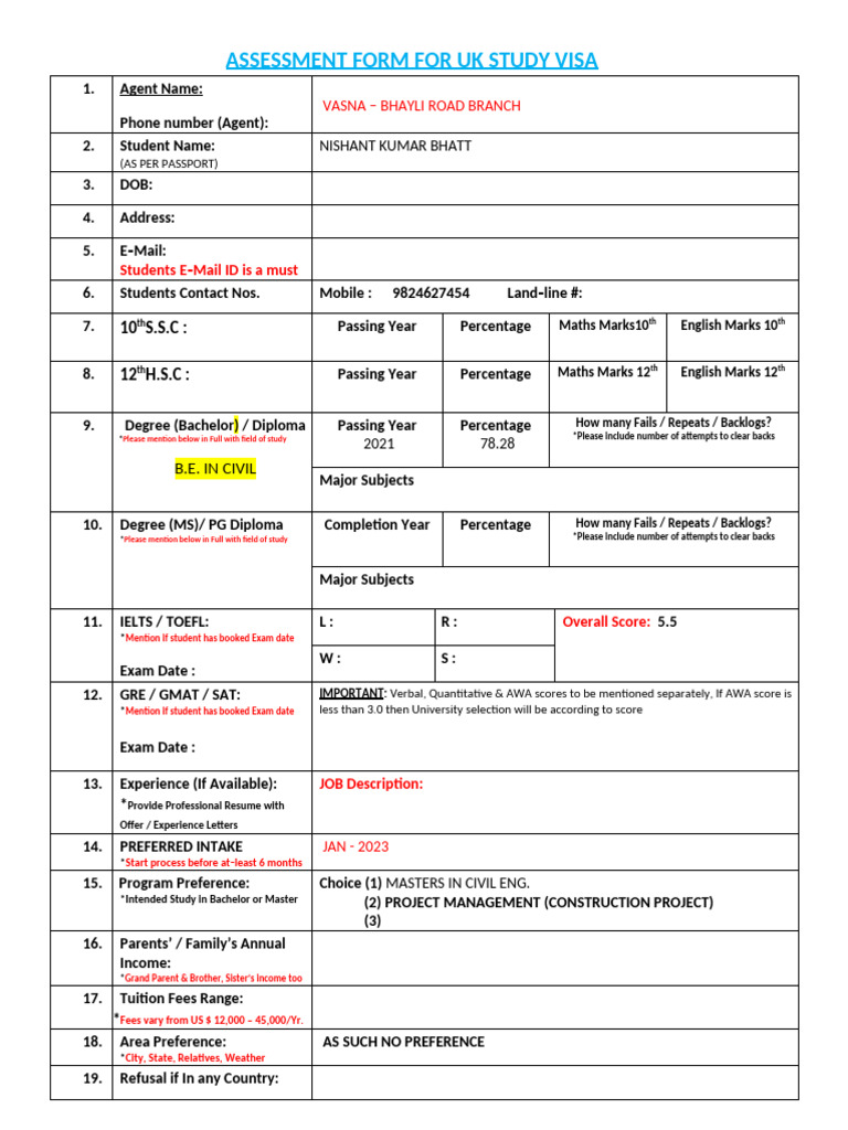 Assessment Form - Nishant Kumar Bhatt | PDF | Educational Stages | Qualifications