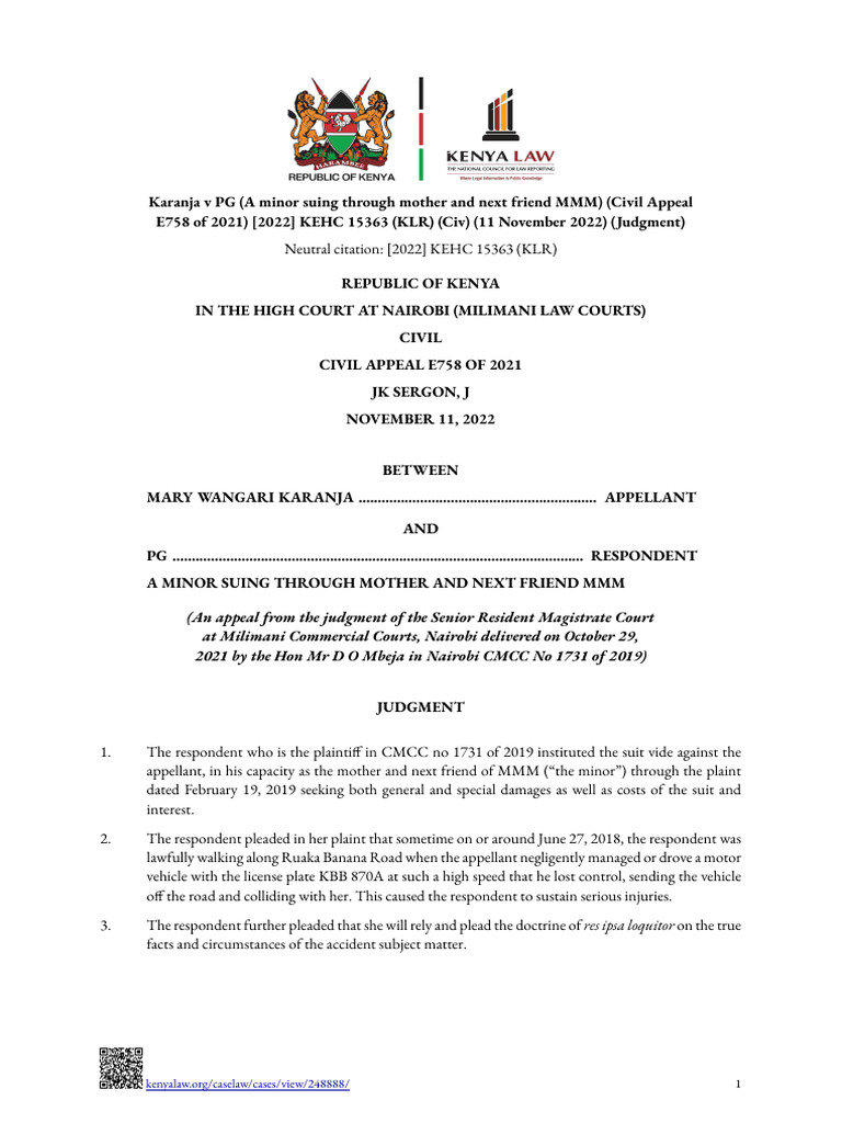 Karanja v PG (A minor suing through mother and next friend MMM) (Civil ...