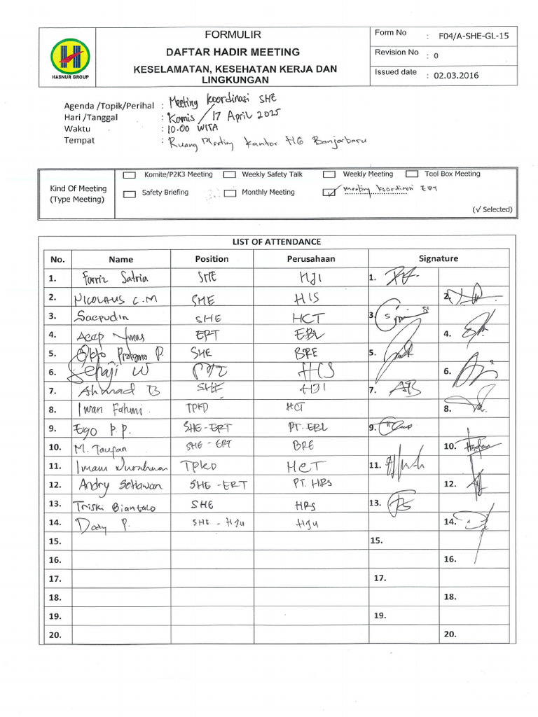 Absensi Meeting Koordinasi ERT 17 April 2025 | PDF