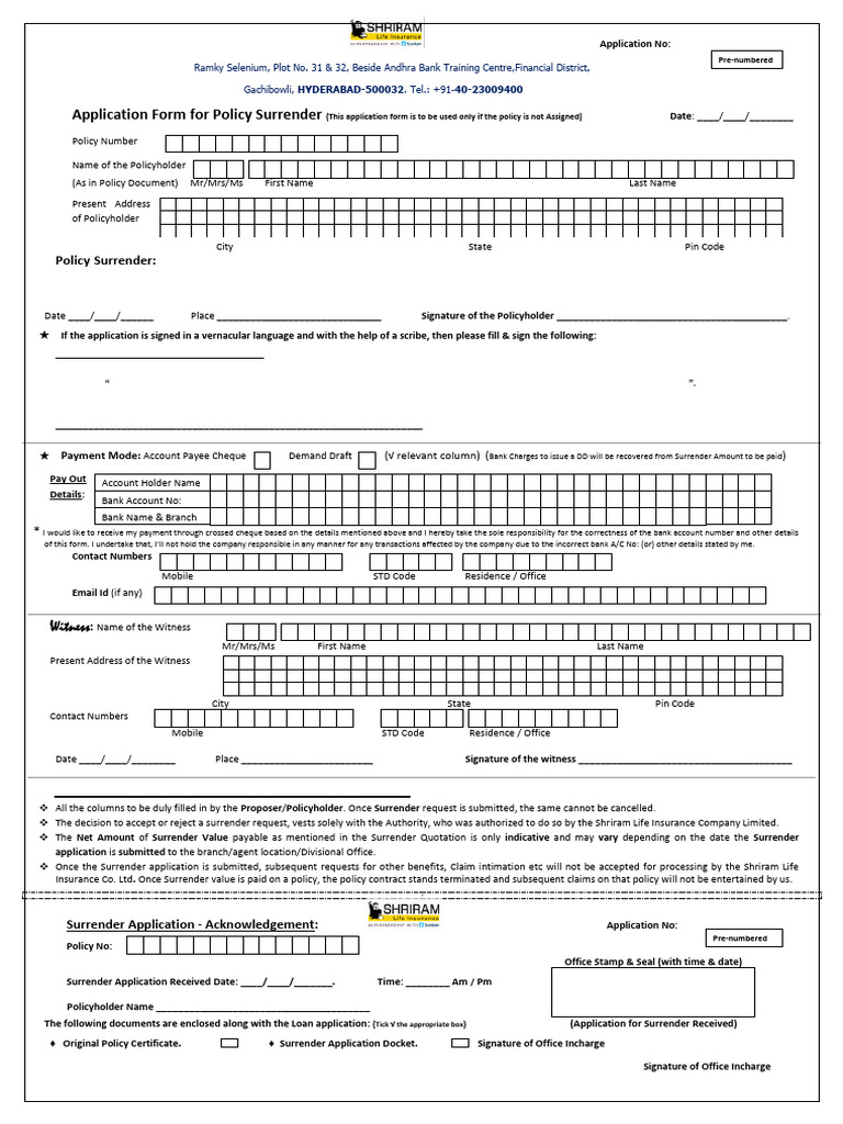 Application Form For Policy Surrender | PDF | Banks | Insurance