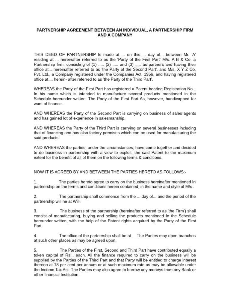 Partnership Agreement Between An Individual, A Partnership Firm and A ...