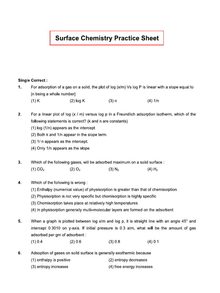 Surface Chemistry Practice Sheet | PDF