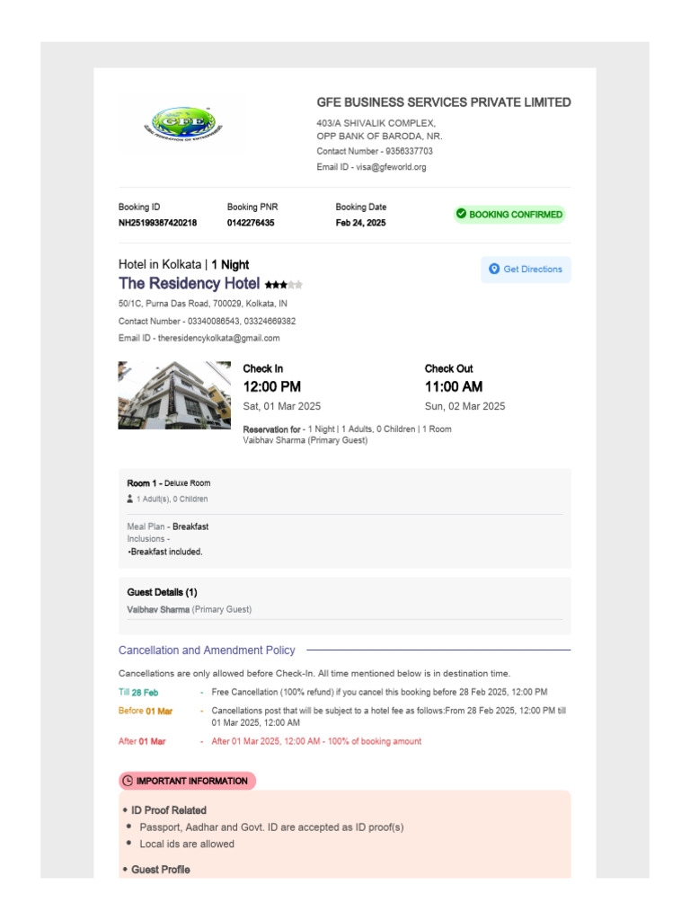 Kolkata Hotel Booking Confirmation | PDF
