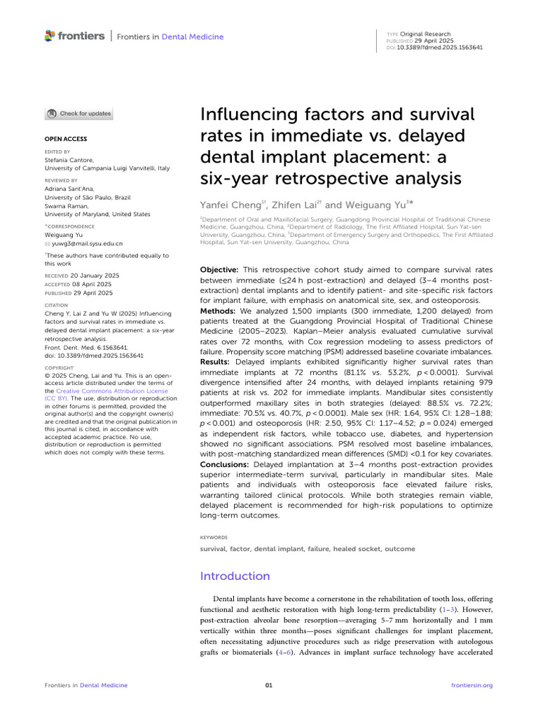 Influencing Factors and Survival Rates in Immediate vs. Delayed Dental ...
