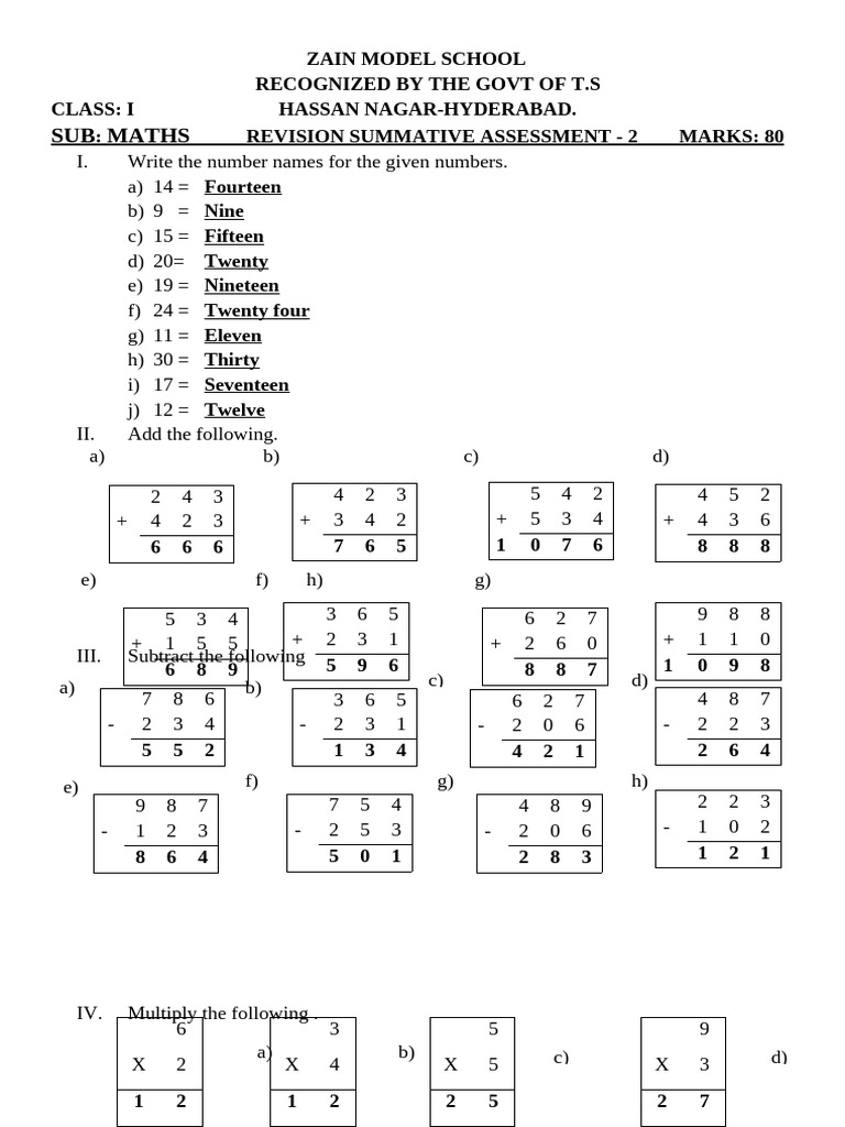 Class 1 Maths Revision Assessment 2 | PDF | Mathematics