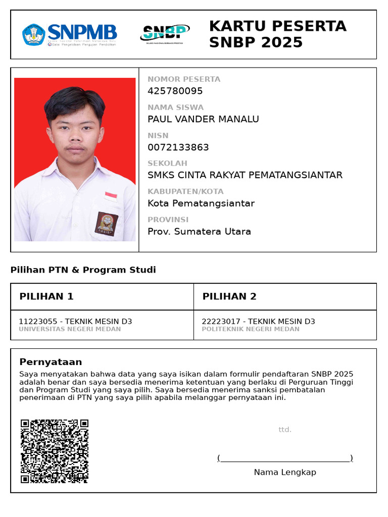 Contoh Kartu Peserta SNBP | PDF