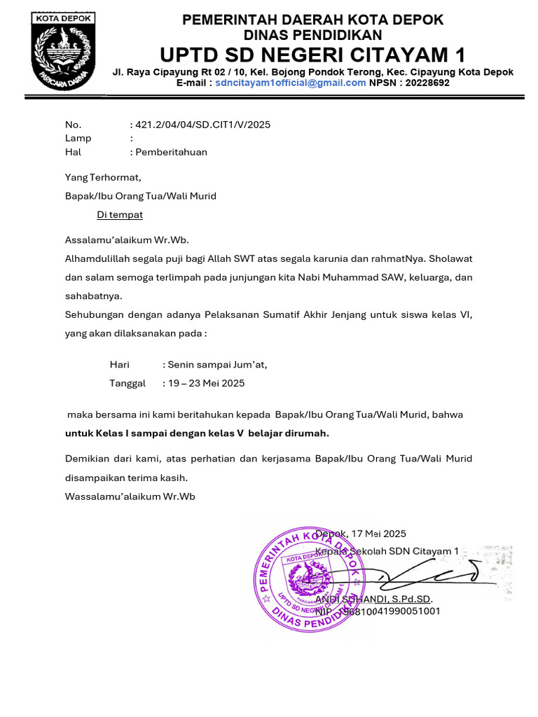 Surat Pemeberitahuan Orgtua Tentang Libur Saj | PDF