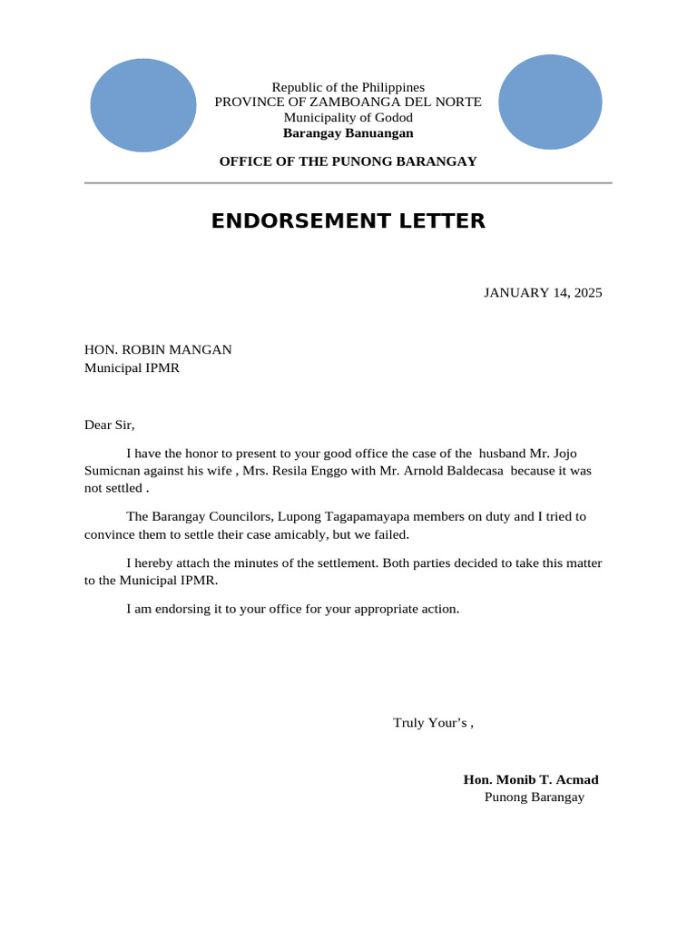 Barangay Endorsement for IPMR Case | PDF
