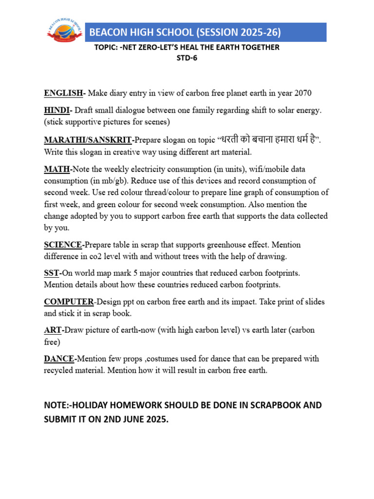 20250302-STD 6 Summer Holiday Homework | PDF