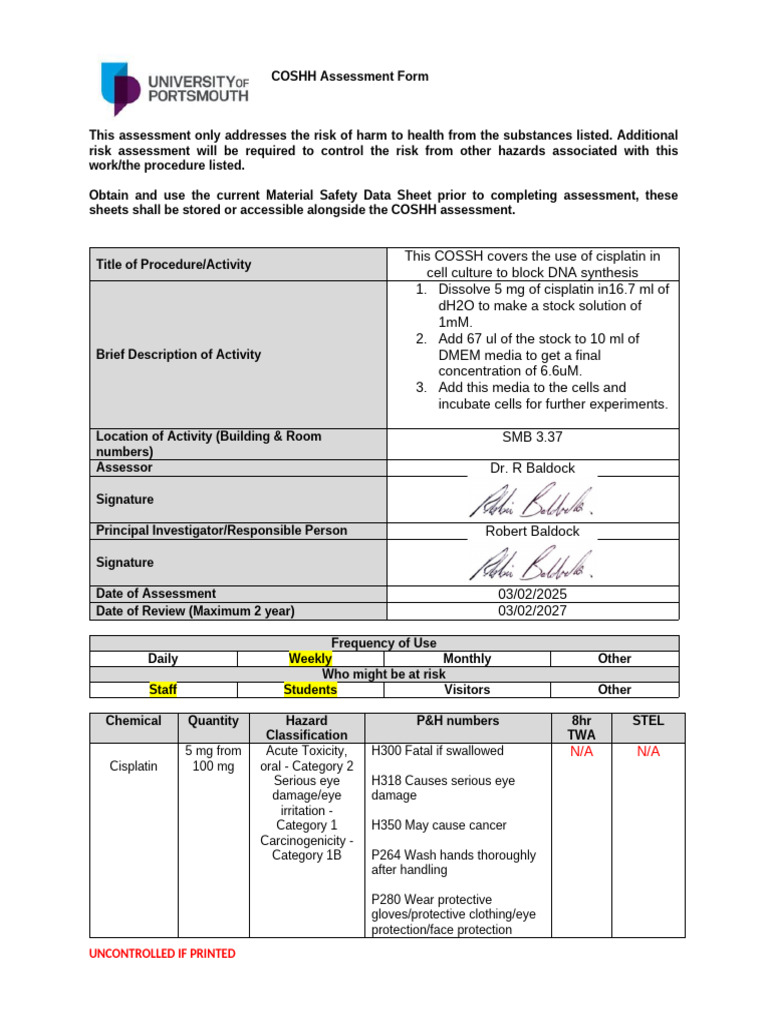 COSHH Assessment Form RAB_15_DNA damaging agents WW reviewed | PDF ...
