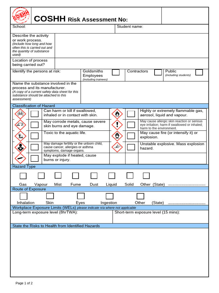 COSHH Risk Assessment Template for Schools | PDF | Hazards | Personal ...