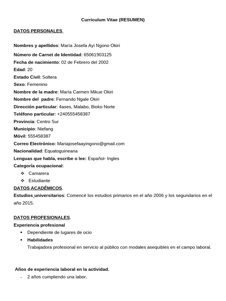 Curriculum Vitae de María Josefa Ayi Ngono | PDF