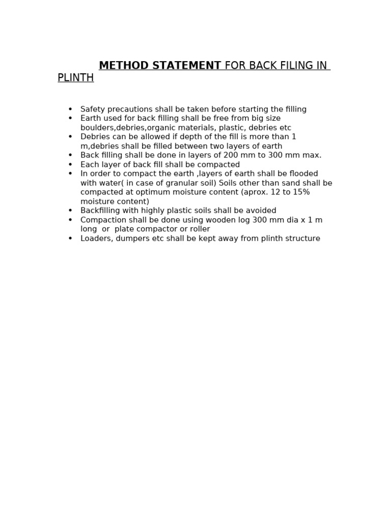Method Statement For Back Filling Plinth | PDF