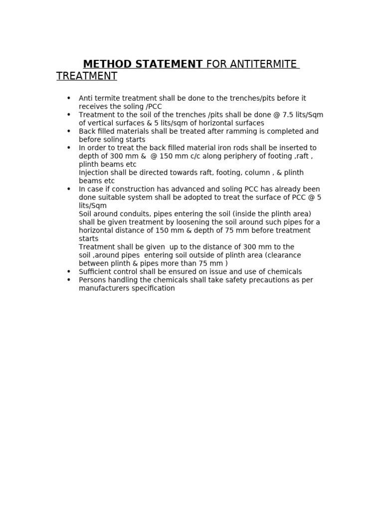 Method Statement For Anti Termite Treatment | PDF