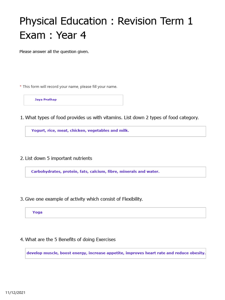 Physical Education - Revision Term 1 Exam - Year 4 (Preview) Microsoft ...