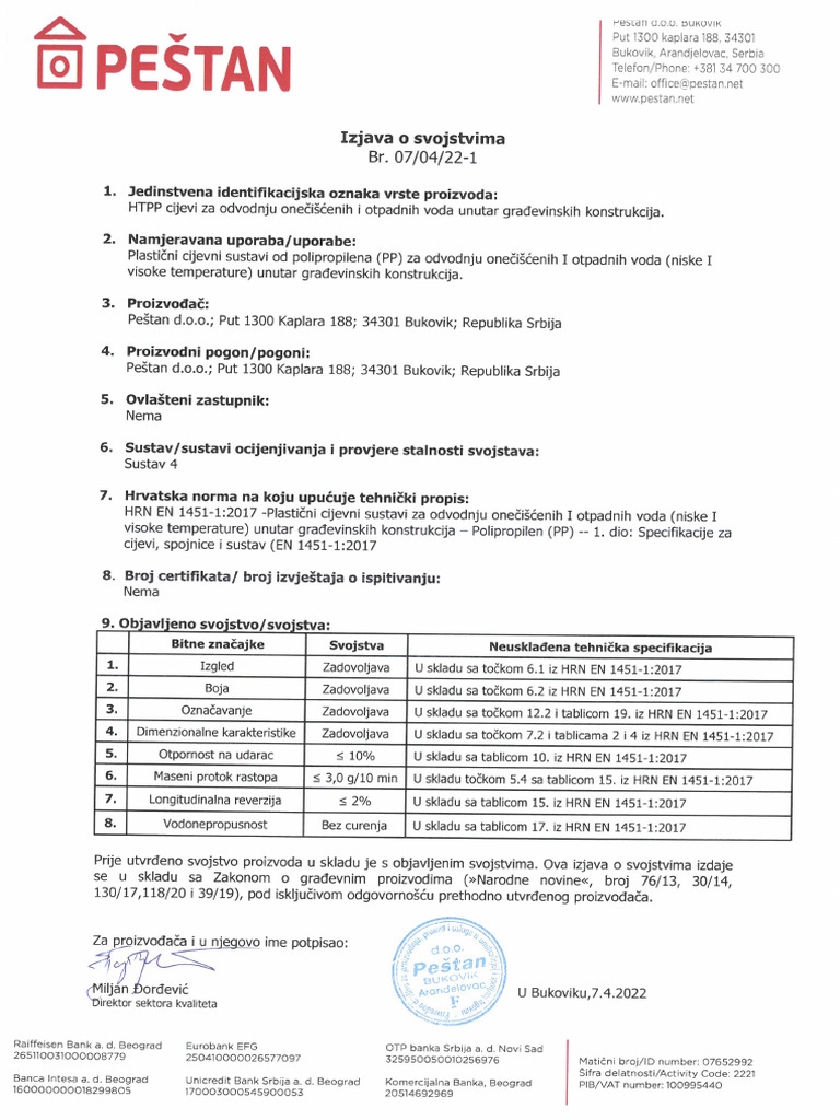 Izjava o Svojstvima - HTPP Cijevi + C Znak. | PDF