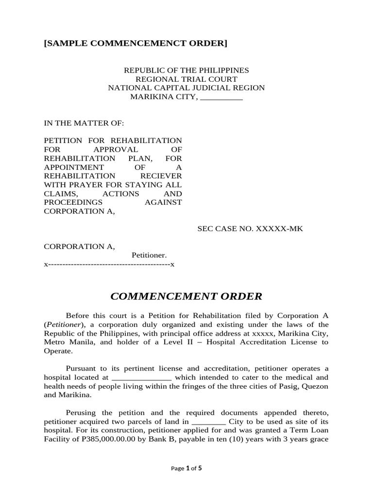 Rehabilitation Petition Commencement Order | PDF | Loans | Interest