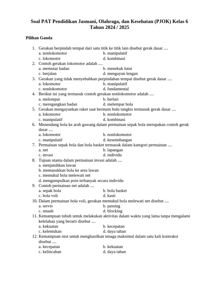 Soal Pat Pjok Kelas 6 | PDF