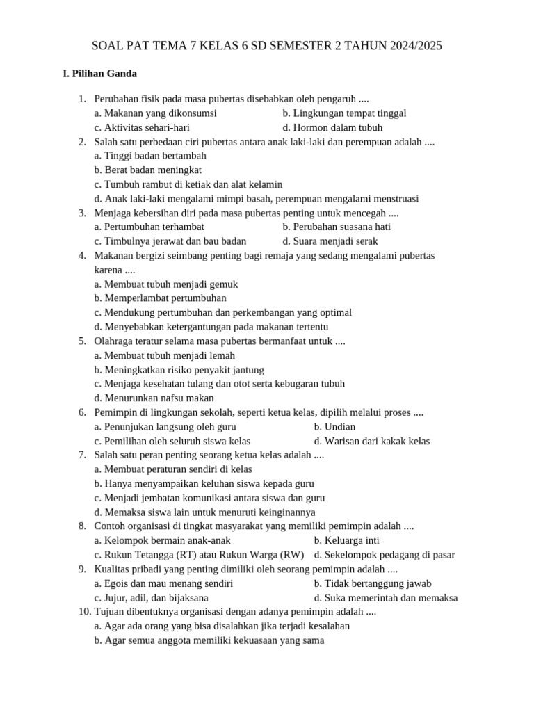 Soal Pat Tema 7 Kelas 6 SD Semester 2 Tahun 2024 | PDF