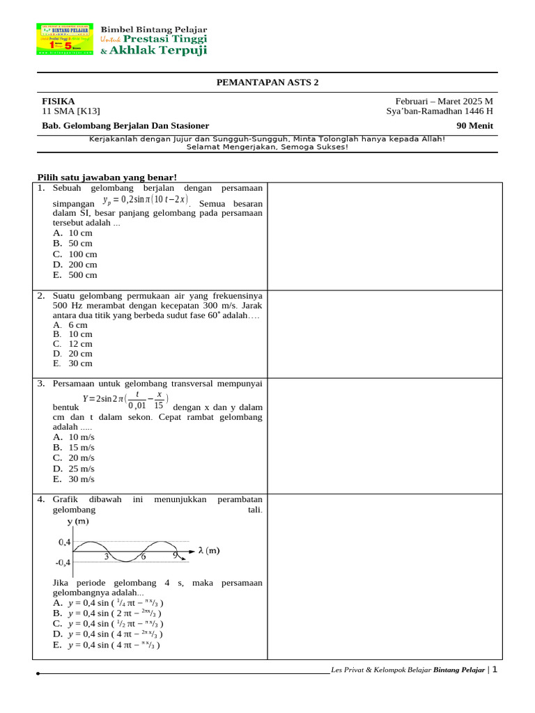 K13_PM ASTS 2 Fisika 11 SMA [GELOMBANG BERJALAN DAN STASIONER] (layout) TA 24-25_ Al Muslim | PDF