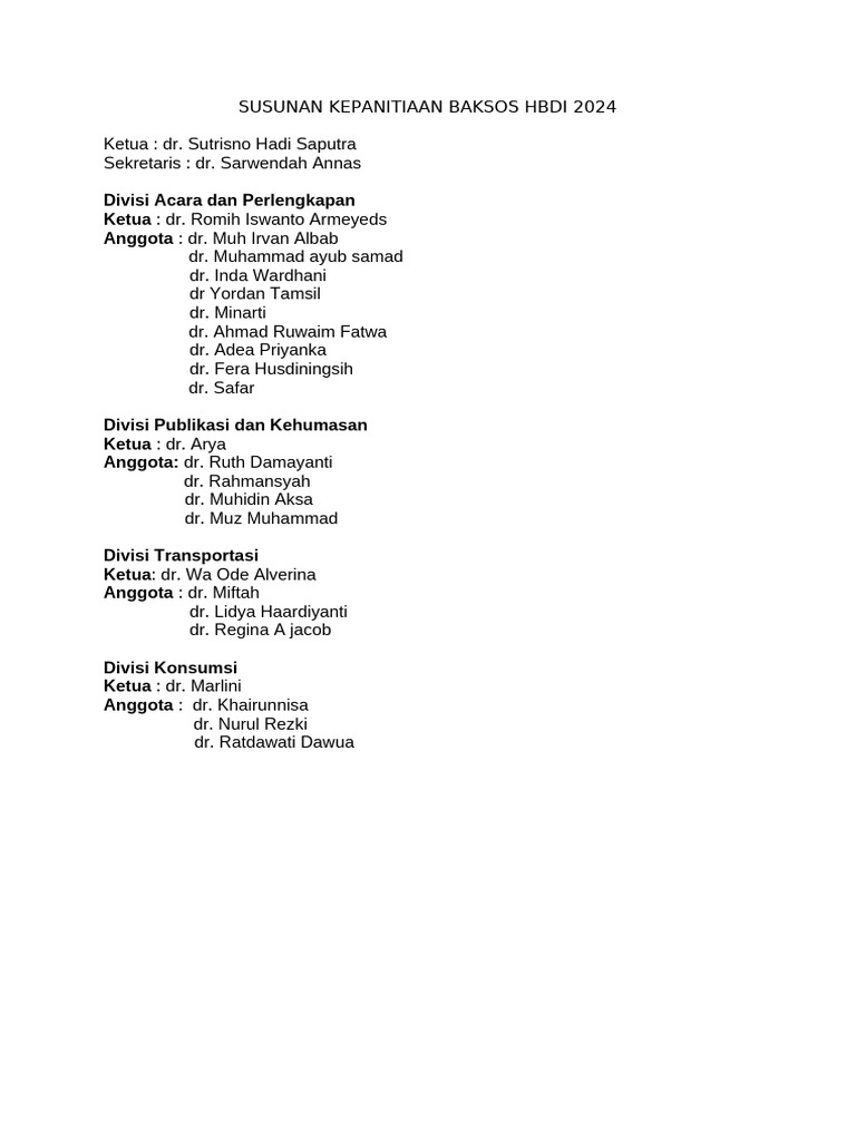 Susunan Kepanitiaan Baksos Hbdi 2024 | PDF
