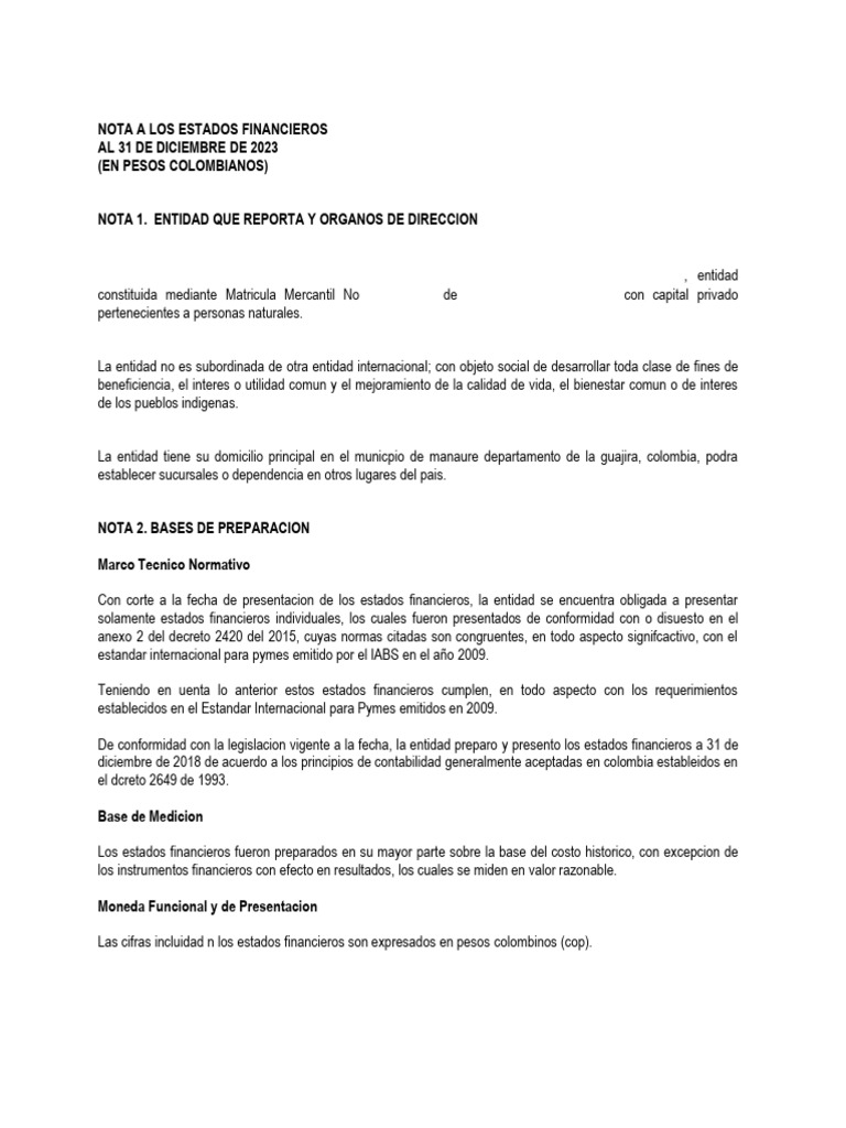 NOTAS EXPLICATIVAS ESTADOS FINANCIEROS 2022-20223 Y 2024 | PDF | Estado financiero | Contabilidad