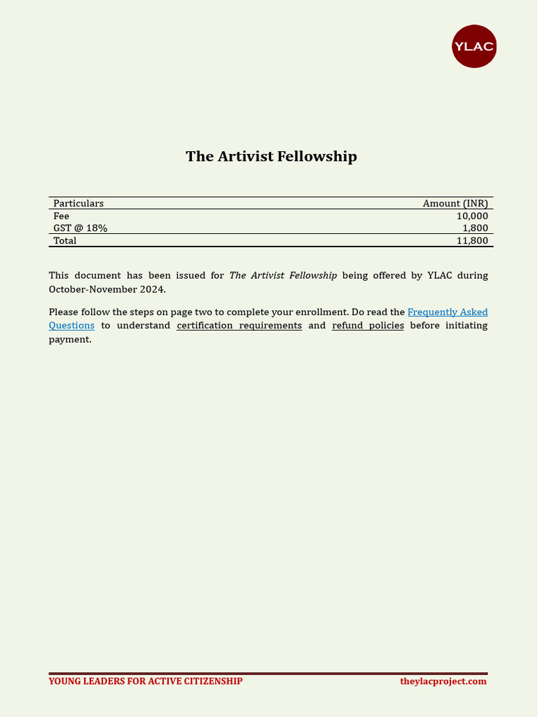 2024 Enrollment Details - YLAC - The Artivist Fellowship - Final | PDF
